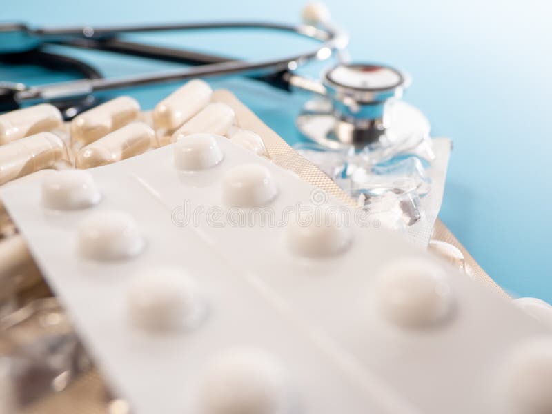 Medical Stethoscope and Medicines. Stethoscope and Medicines Close Up ...