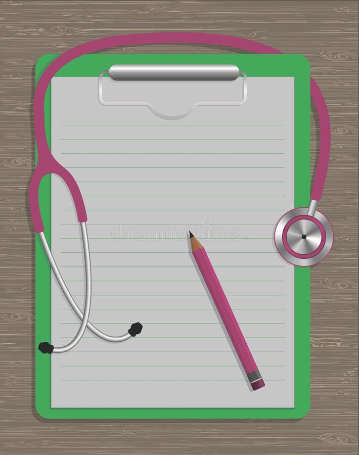 Medical Stethoscope, Note Pad and Pencil on Wood Texture Stock Vector ...