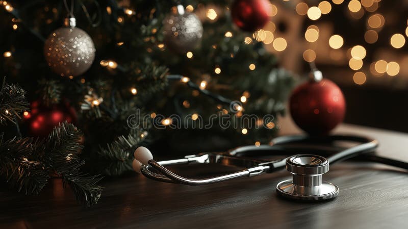A Medical Stethoscope Rests beside a Small Christmas Tree Adorned with ...