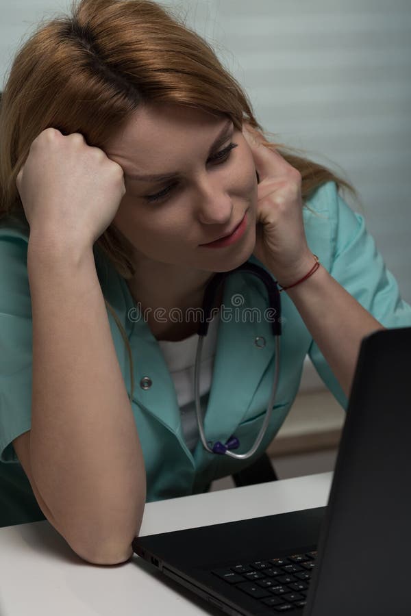 Medical Student and Her Laptop Stock Image - Image of melancholy ...