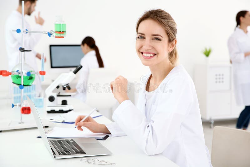 Medical Student Working with Laptop in Laboratory Stock Photo - Image ...