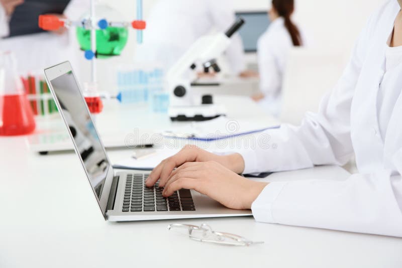 Medical Student Working with Laptop in Modern Laboratory Stock Image ...