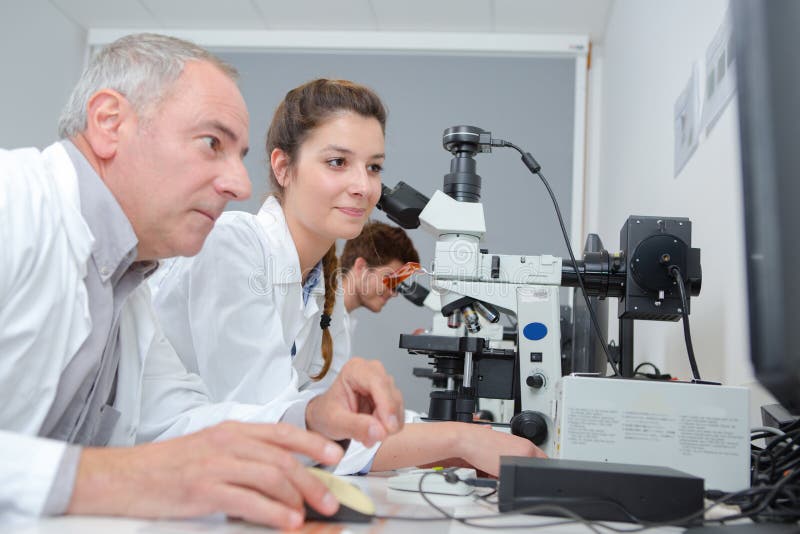Medical Students and Teacher Working with Microscope at University ...