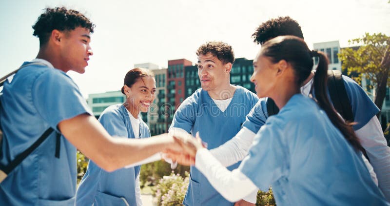 Medical Success, Students and Support with Hands Together Outdoor for ...