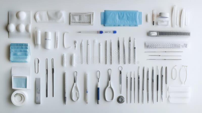 Medical Supplies Neatly Arranged on White Table Surface Stock ...