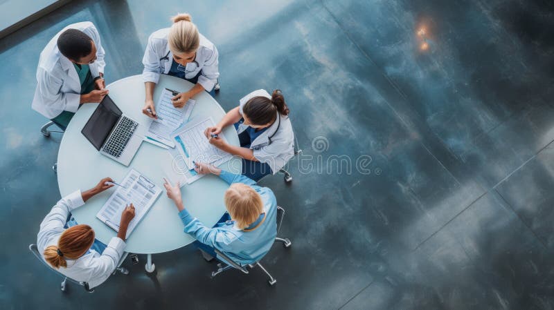 Medical Team Engaged in a Discussion Around a Round Table, Viewed from ...
