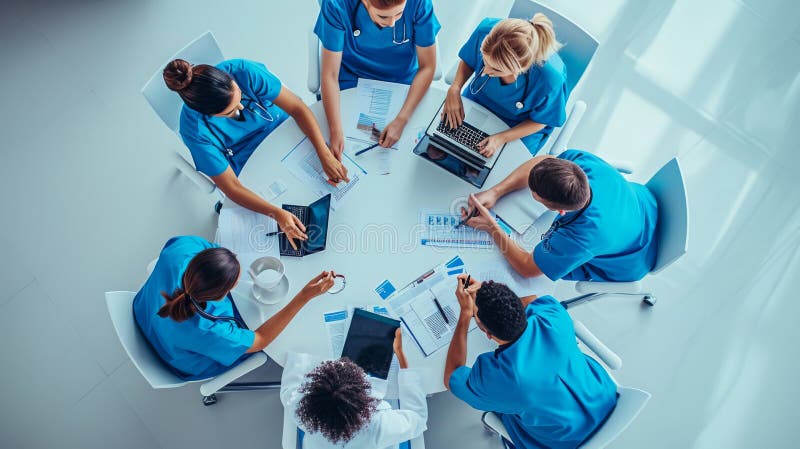 Medical Team Engaged in a Discussion Around a Round Table, Viewed from ...