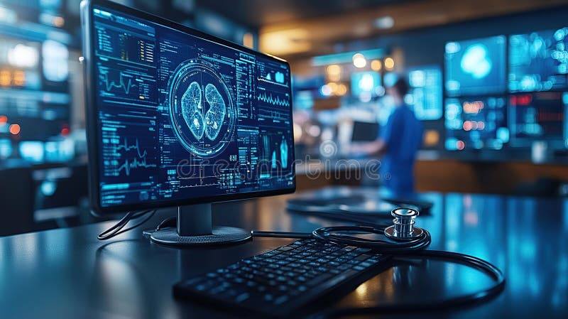 Medical Tech Brain Scan on Monitor, Lab Background Stock Illustration ...