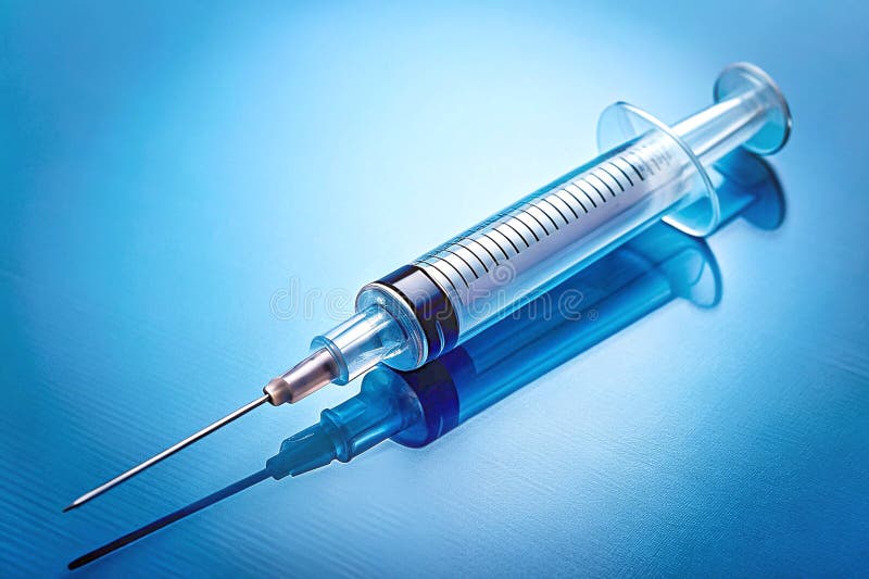 Medical or Technical Syringe Ready for Injection on Blue Stock ...