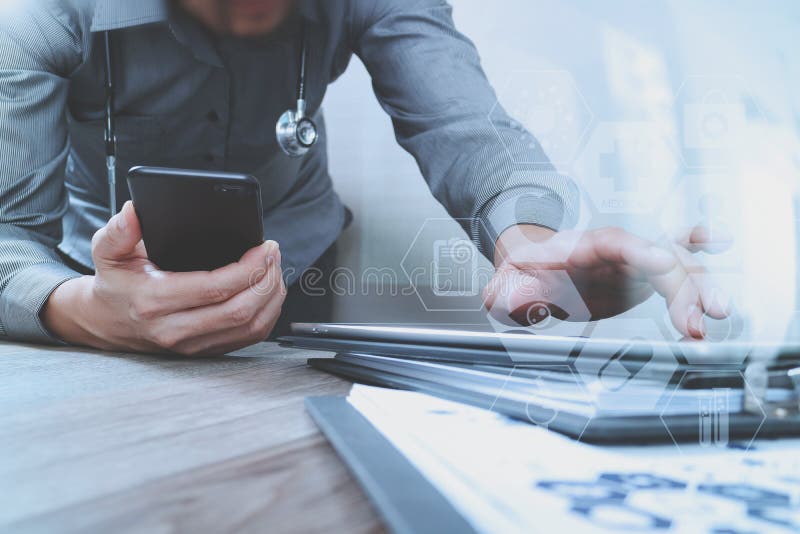 Medical Technology Concept. Doctor Hand Working with Modern Smart Phone ...