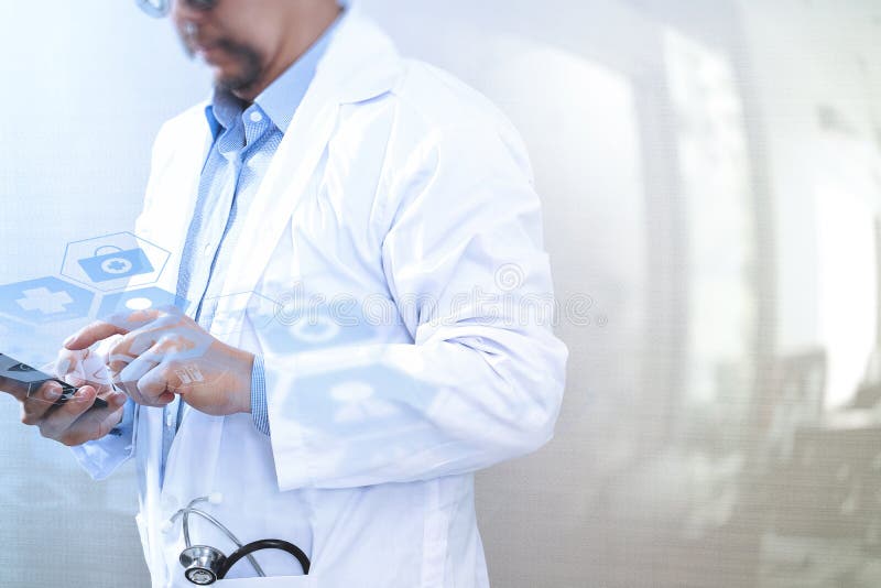 Medical Technology Concept. Doctor Hand Working with Modern Smart Phone ...