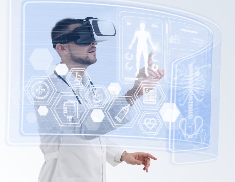 Medical Technology Concept. Doctor Using Virtual Reality Headset To ...