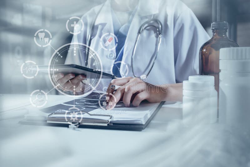 Medical Technology Concept. Doctor Working on Modern Digital Tablet and ...