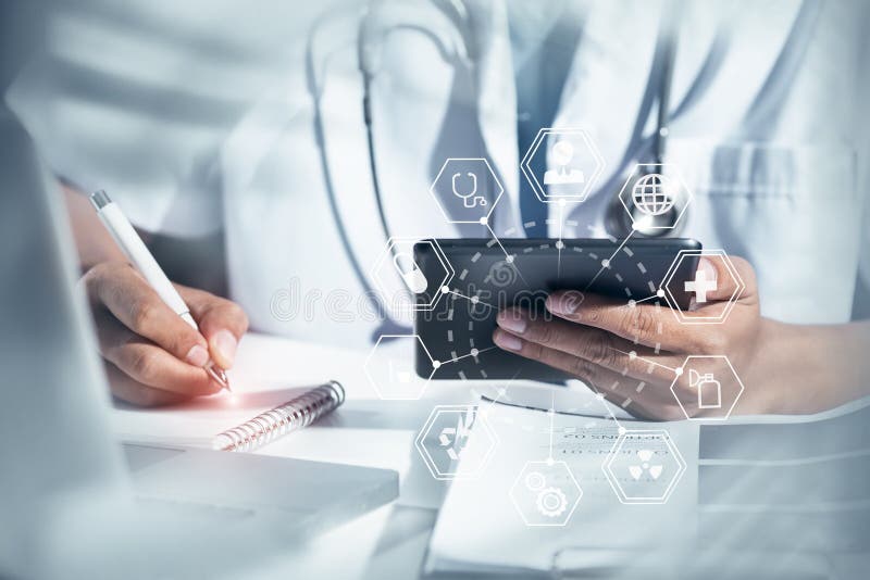 Medical Technology Concept. Doctor Working on Modern Digital Tablet and ...