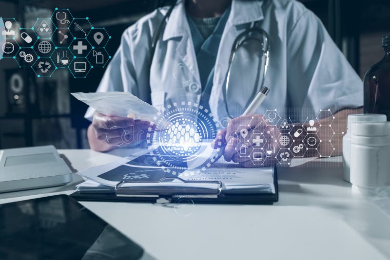 Medical Technology Concept. Doctor Working on Modern Digital Tablet and ...