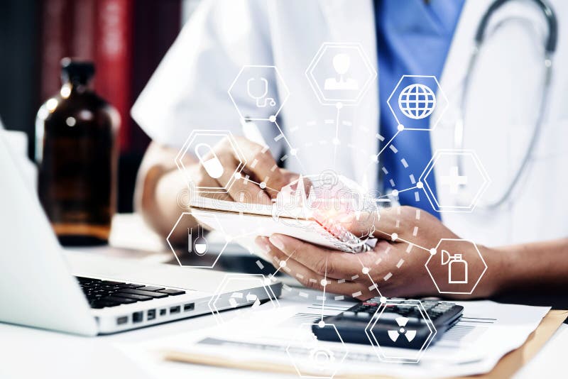 Medical Technology Concept. Doctor Working on Modern Digital Tablet and ...