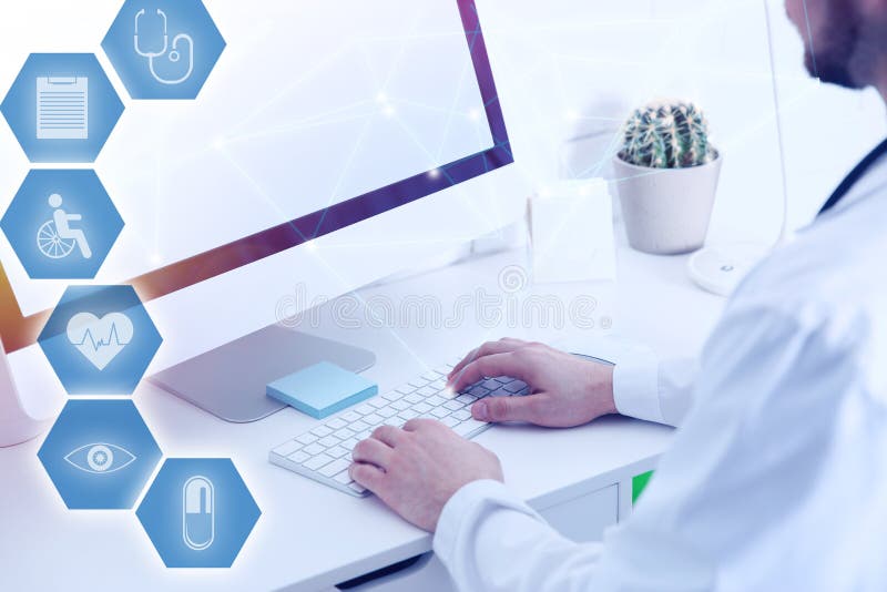 Medical Technology. Scientist Working on Computer in Office, Closeup ...