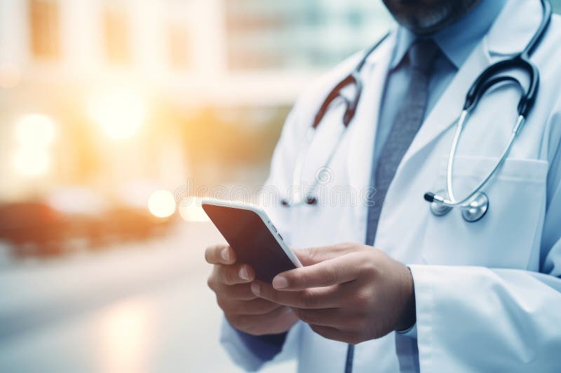 Medical Technology. Doctor Utilizing Mobile Phone and Stethoscope in ...