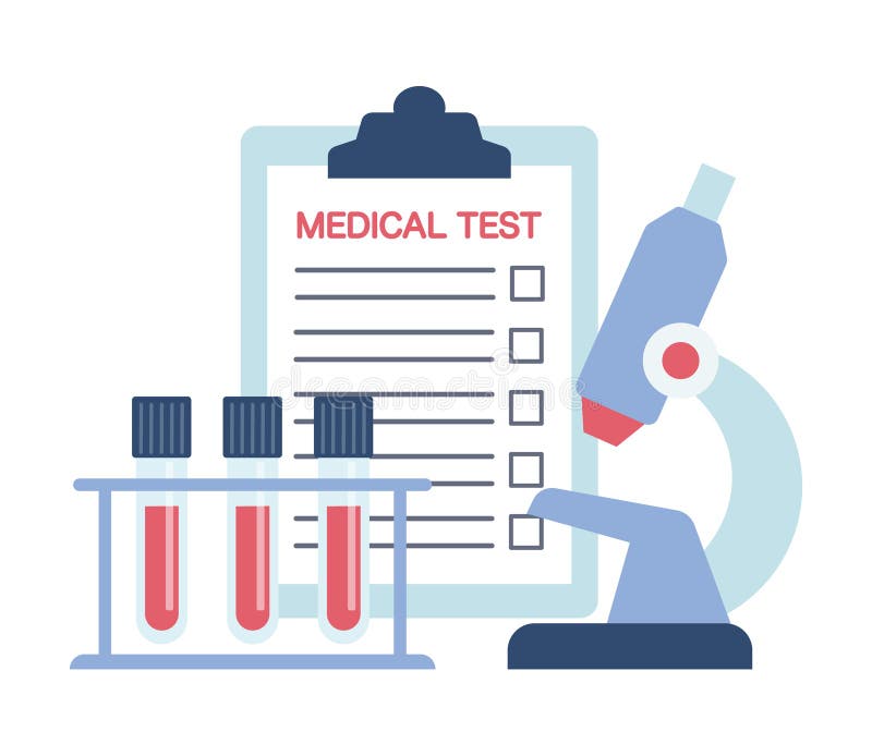 Medical Test Icon. Test Tubes, Microscope and Paper Tablet in Flat ...