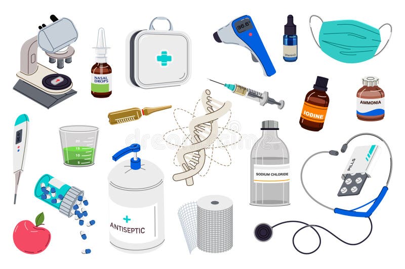 Medical Tools Set in Flat Graphic Design. Collection Isolated Elements of Microscope, Nasal ...