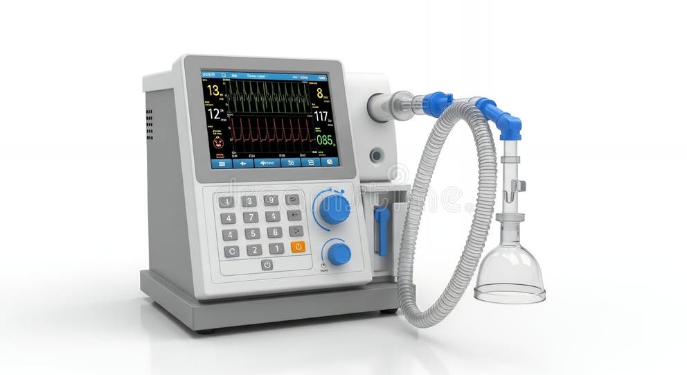 Medical Ventilator Machine with LCD Screen Displaying Waveform and Control Panel with Buttons ...