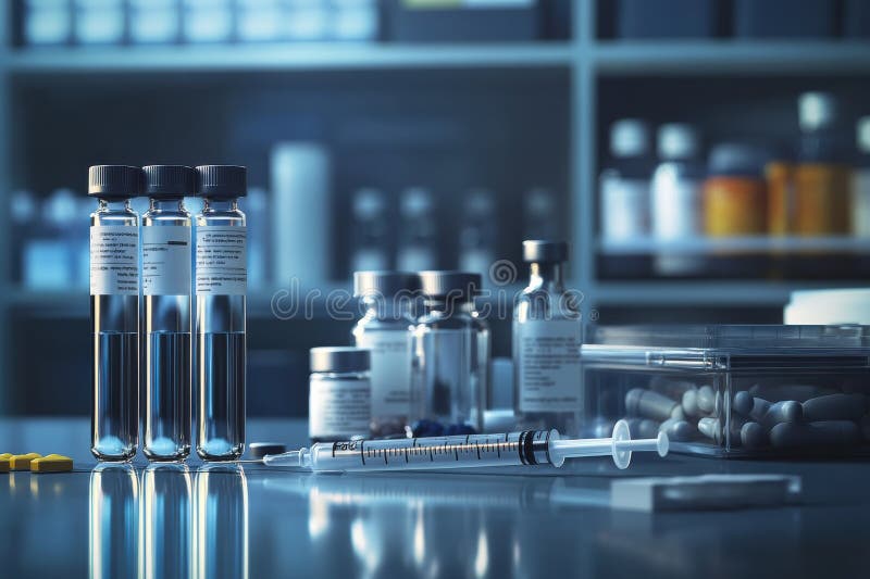 Medical Vials and Syringe Arranged on a Laboratory Table with Various ...