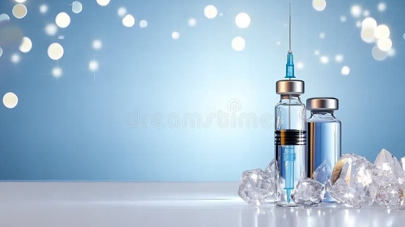 Medical Vials and Syringe with Crystals on Blue Background Stock ...