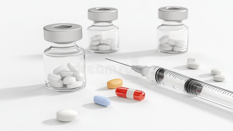 Medical Vials and Syringe with Various Tablets on White Surface Stock ...