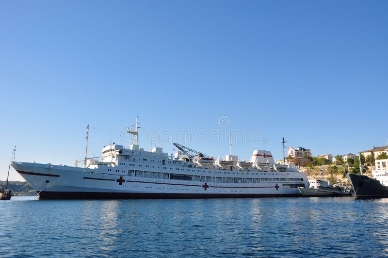 Medical White Ship with a Red Cross in Port Stock Photo - Image of ...