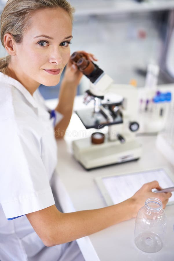 Medical, Woman and Research with Tablet and Microscope in Lab with ...