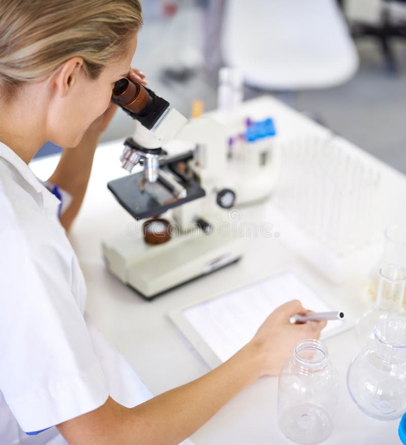 Medical, Woman and Research with Tablet and Microscope in Lab with ...