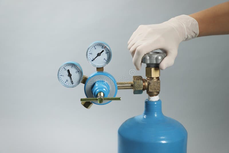 Medical Oxygen Tank on Light Blue Background. Space for Text Stock ...