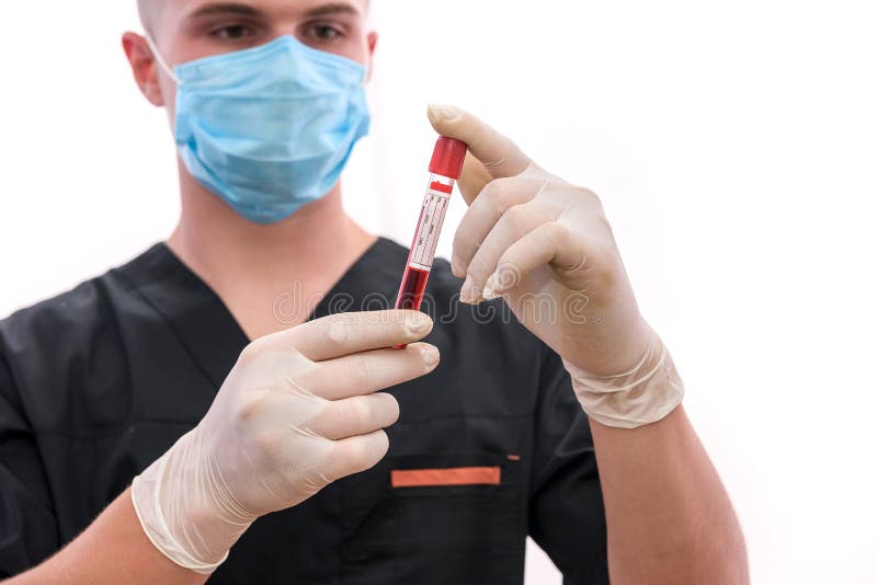 Medical Worker in Laboratory Looking on Red Blood in Test Tube ...
