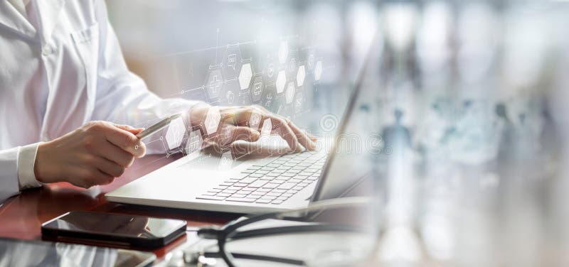 A Medical Worker Works on a Laptop on a Interface Stock Photo - Image ...