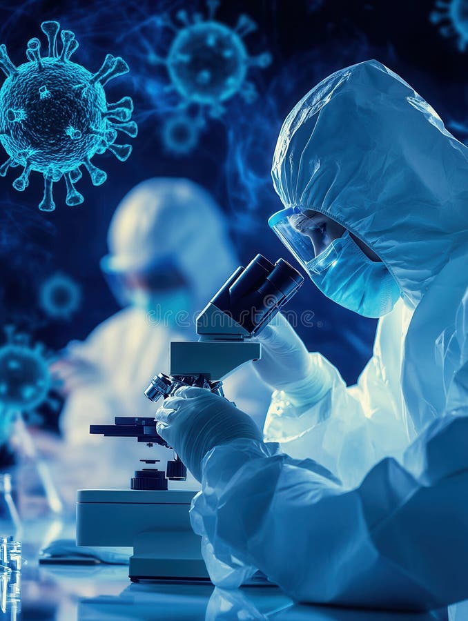 Medical Workers in Protective Gear Analyze Viruses through a Microscope ...