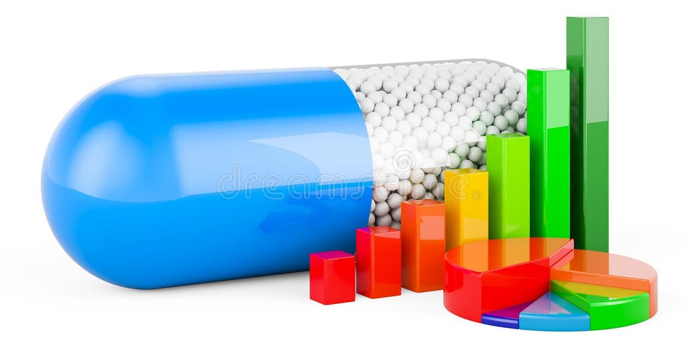 Medicament Capsule with Growth Bar Graph and Pie Chart. 3D Rendering ...
