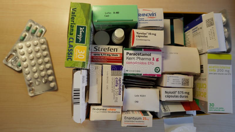 Medication Box and a Pills. Box of Pills of Different Types Editorial ...