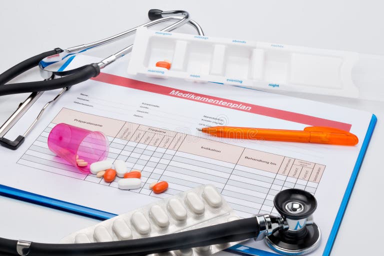 Medication Plan (in German), with Tablets and Stethoscope Stock Image ...
