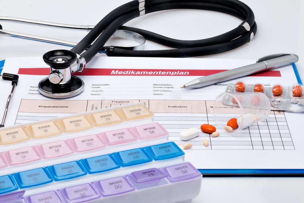 Medication Plan (in German), with Tablets and Stethoscope Stock Photo ...