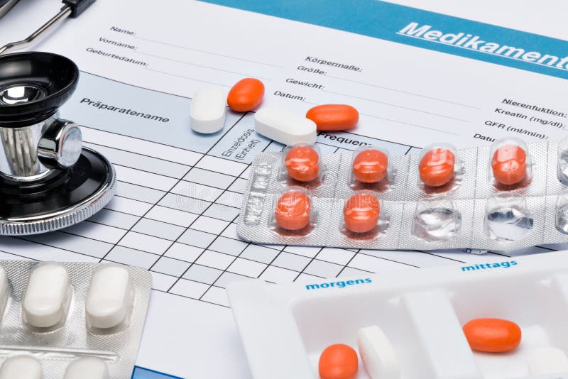 Medication Plan (in German), with Tablets and Stethoscope Stock Photo ...