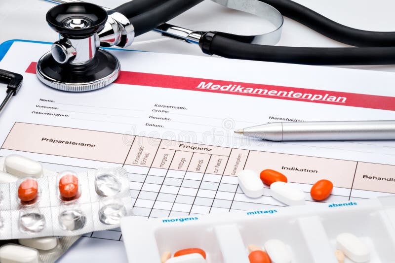 Medication Plan (in German), with Tablets and Stethoscope Stock Image ...