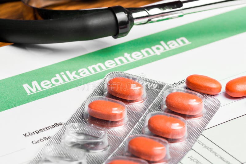 Medication Plan (in German), with Tablets and Stethoscope Stock Photo ...