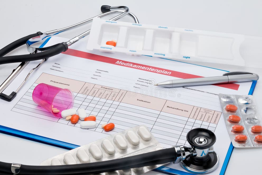 Medication Plan (in German), with Tablets and Stethoscope Stock Photo ...