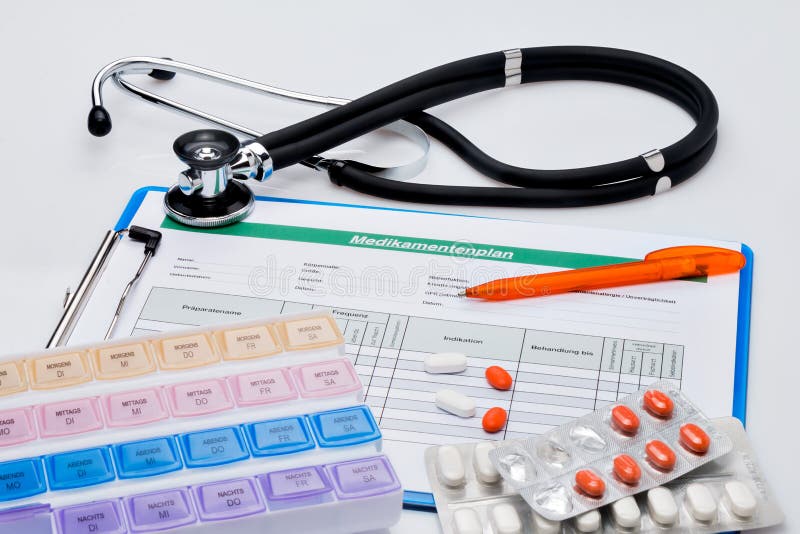 Medication Plan (in German), with Tablets and Stethoscope Stock Image ...