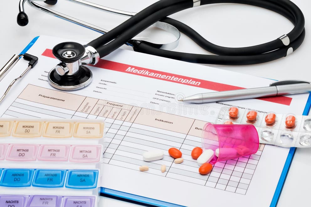Medication Plan (in German), with Tablets and Stethoscope Stock Photo ...