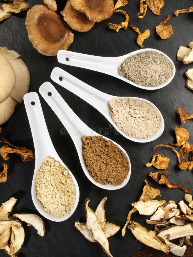 Medicinal Mushrooms and Mushroom Powder - Healthy Nutrition Stock Image ...