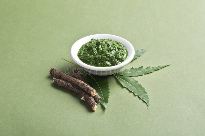 Medicinal Neem Leaves with Paste in Bowl and Twigs Stock Image - Image ...