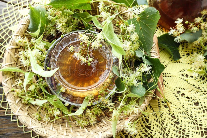 Medicinal Tea: a Cup of Linden Tea on a Decorative Tray, Top View Stock ...