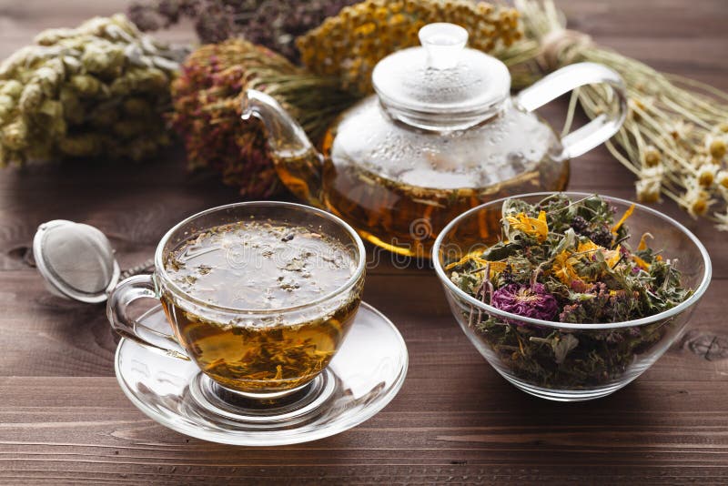 Medicinal Tea in Glass Cup with Dried Herb in Bowl Stock Image - Image ...