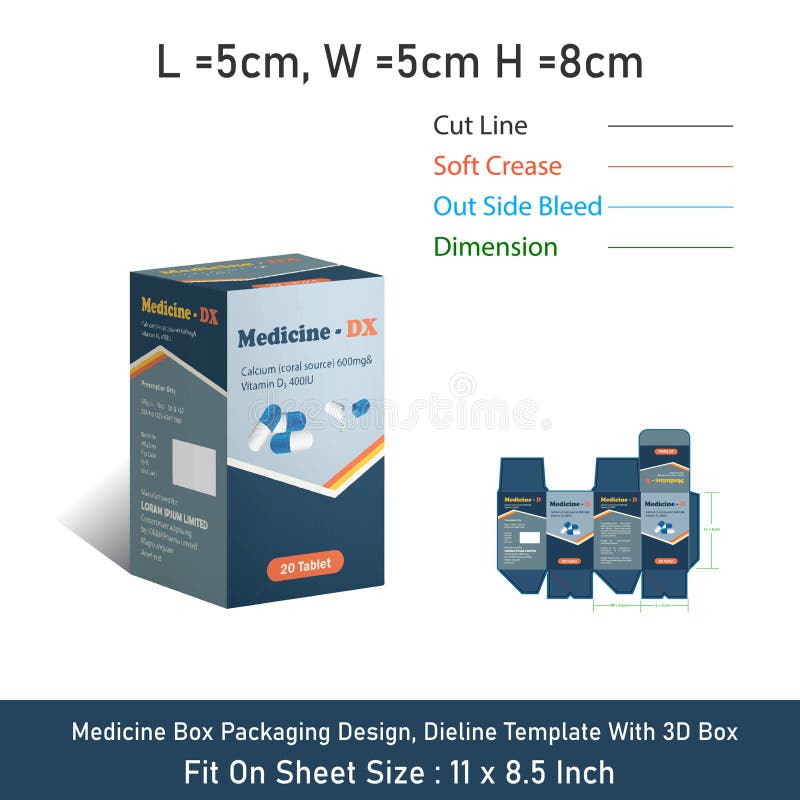 Medicine Box Packaging Design, Dieline Template with 3D Box Stock ...